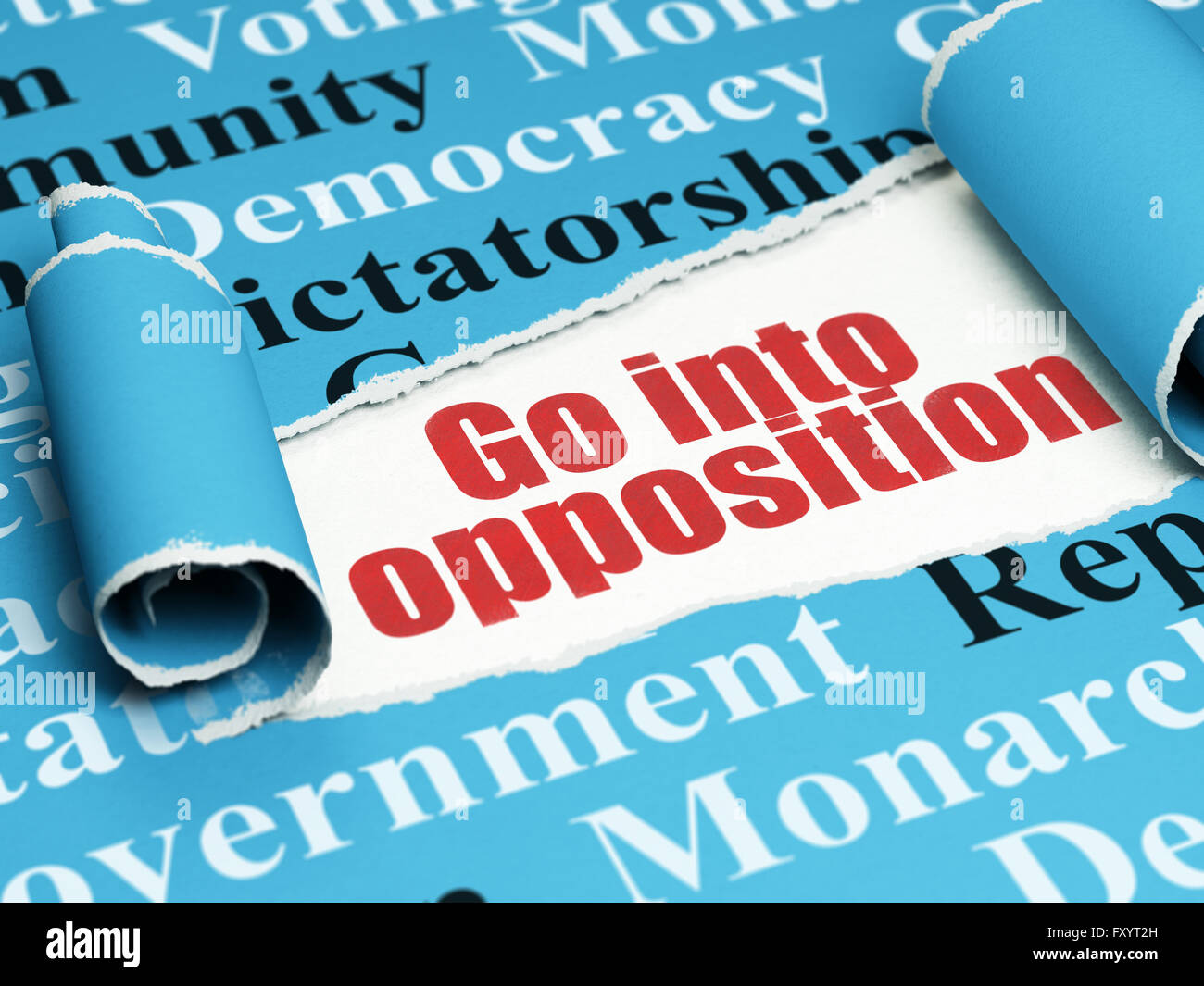 Politics concept: red text Go into Opposition under the piece of torn ...