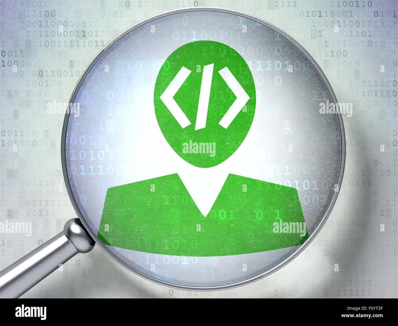 Programming concept: Programmer with optical glass on digital ...