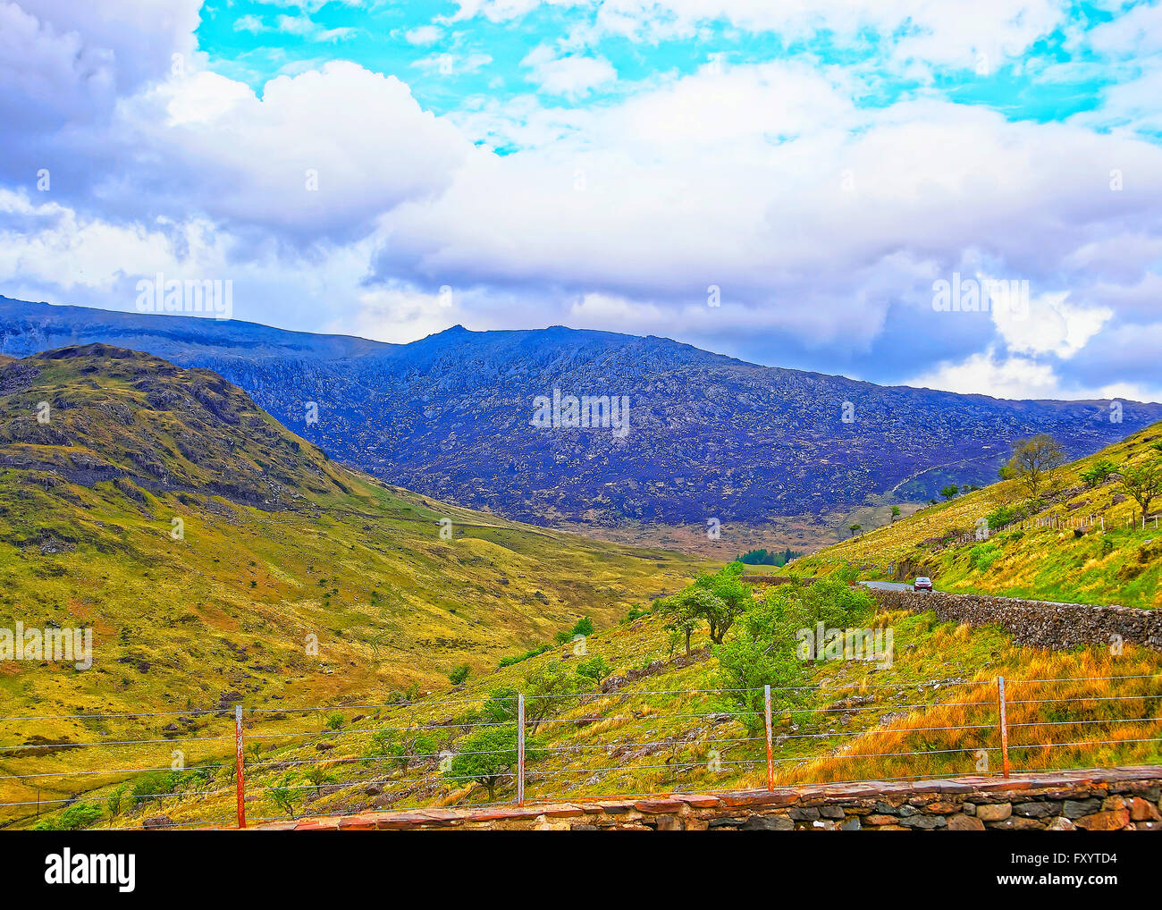 View from the road to mountains in Snowdonia National Park in North ...