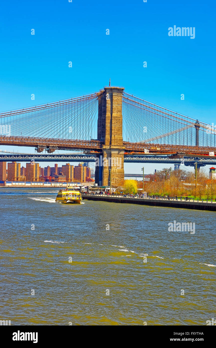 View from Ferry on Brooklyn bridge and Manhattan bridge over East River ...
