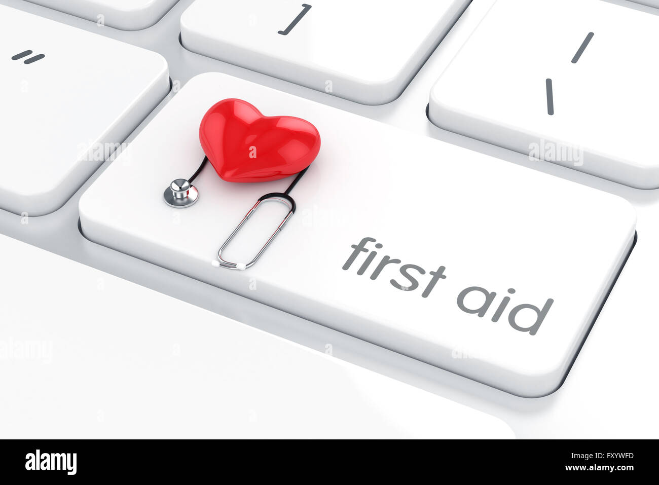3d render of first aid concept red heart and stethoscope on the white ...