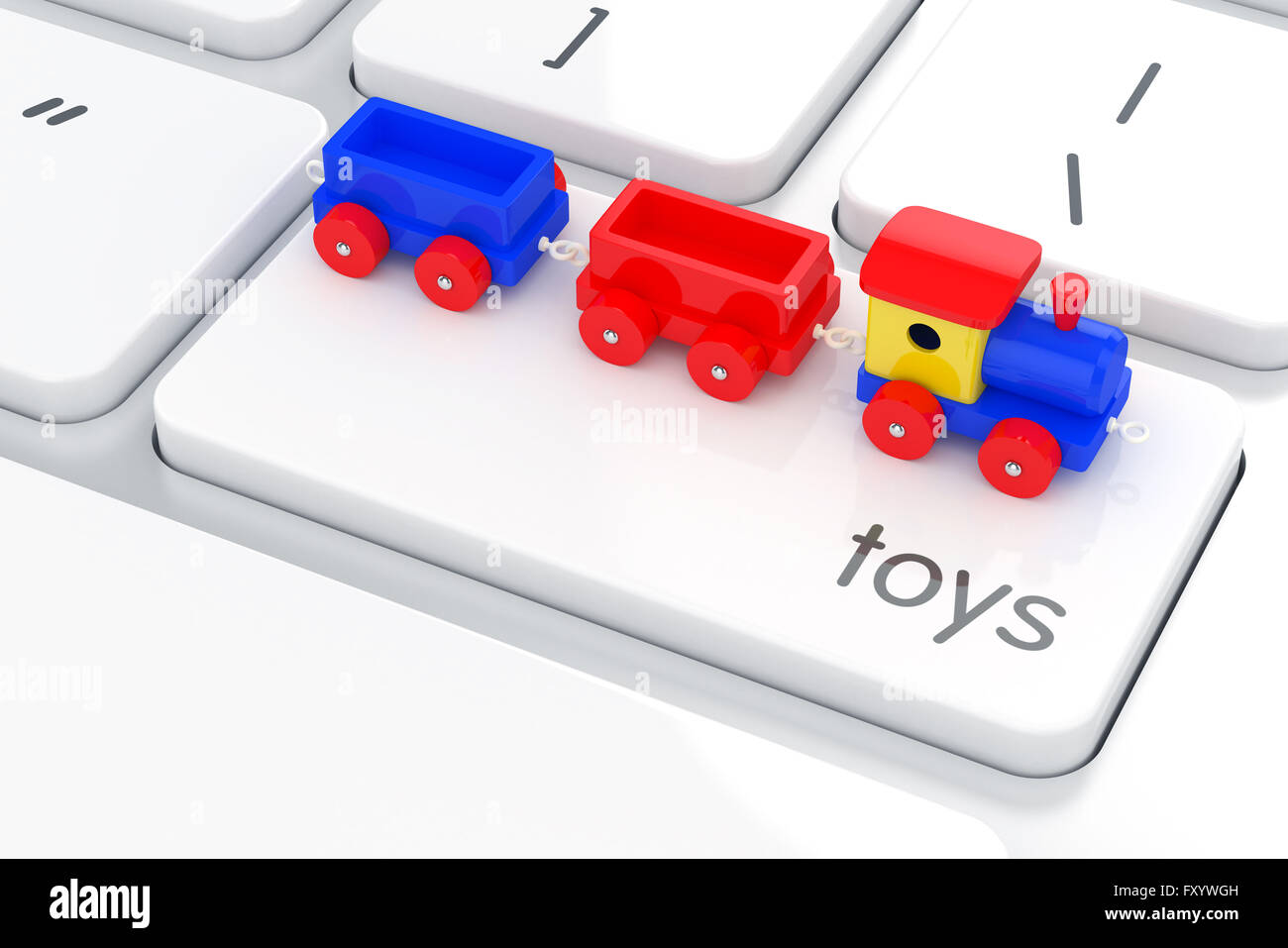 3d illustration of wooden colorful train toy on the computer keyboard ...