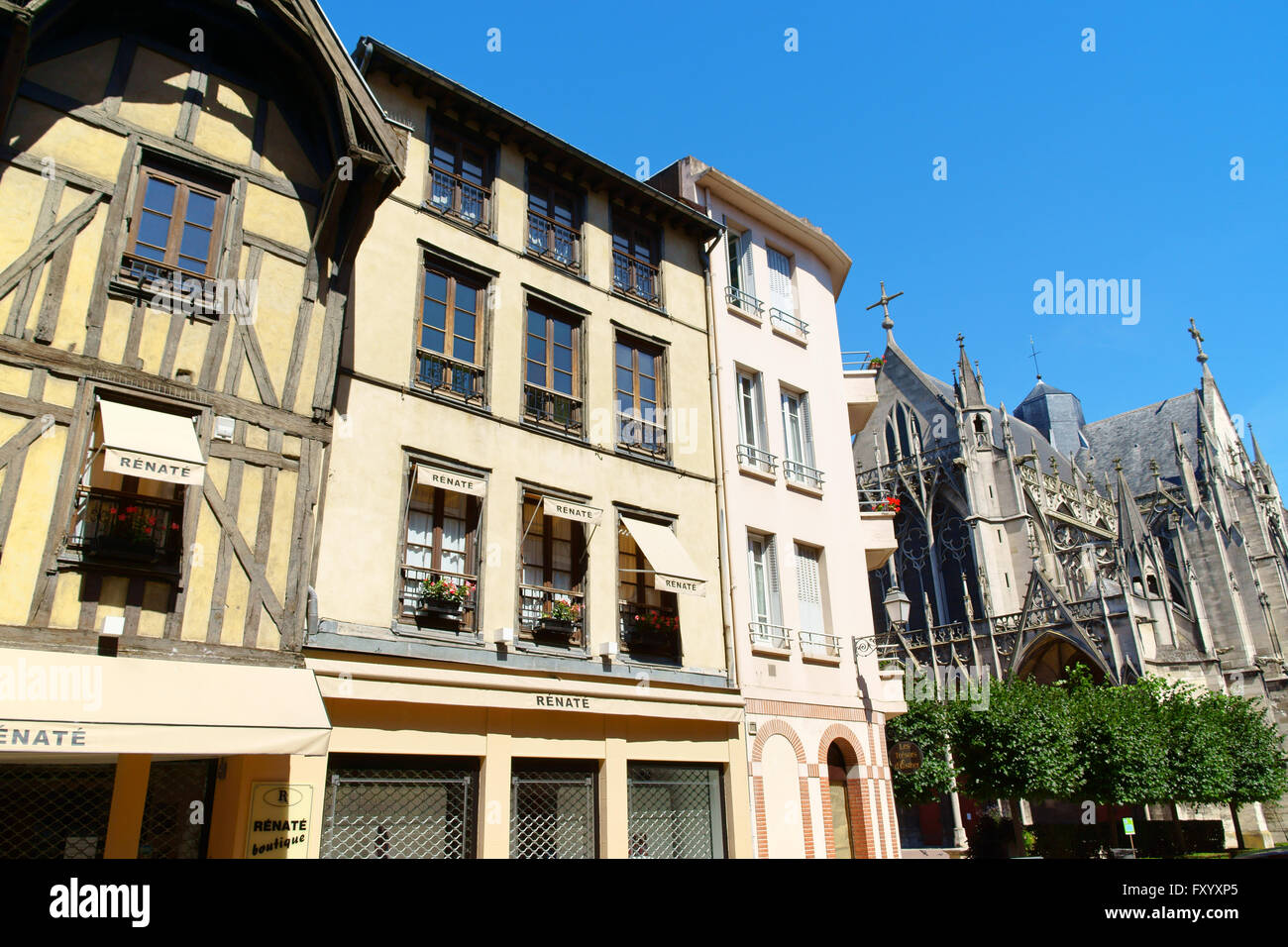 Troyes, France - August 15, 2013: downtown glimpse. Some medieval half ...
