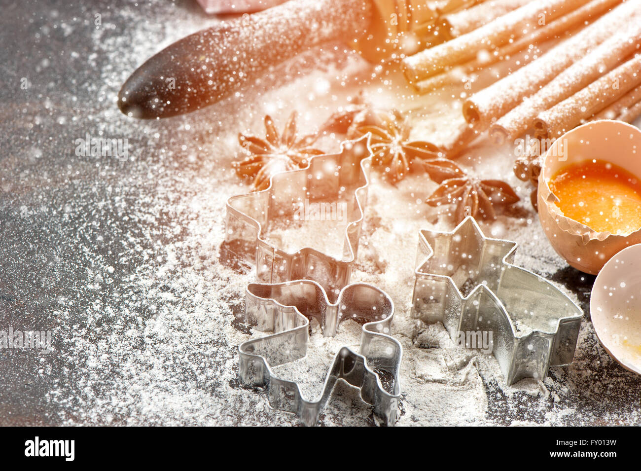 Baking ingredients and tools for dough preparation. Flour, eggs ...