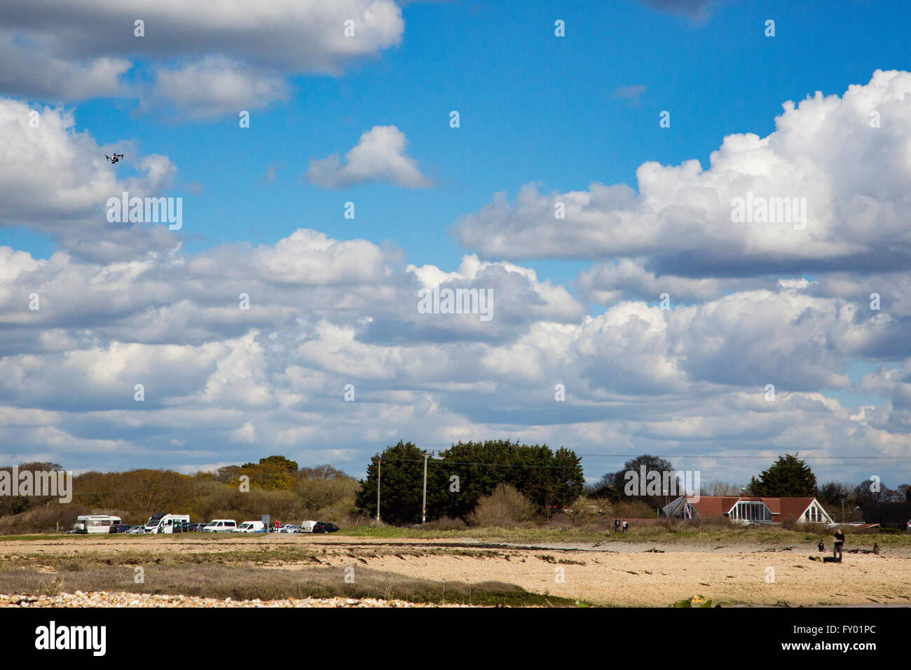 Views of Hayling Island beach in Hampshire on a summer's day with blue ...