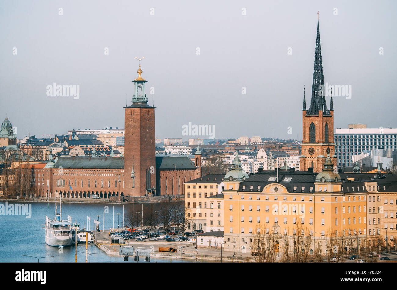 View of the City Hall castle and Riddarholmen tower in the Old Town ...