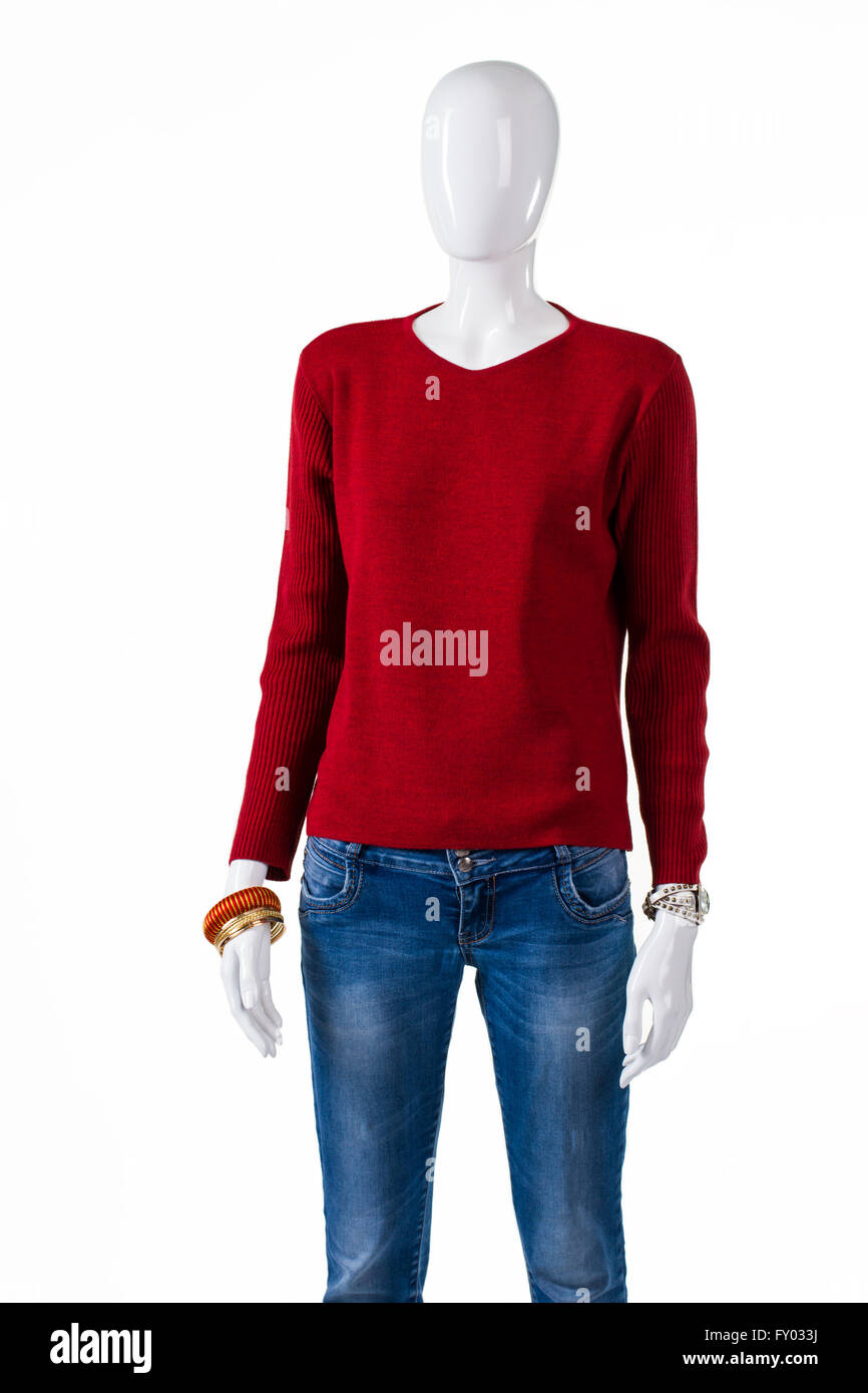 Simple red sweater with jeans Stock Photo - Alamy