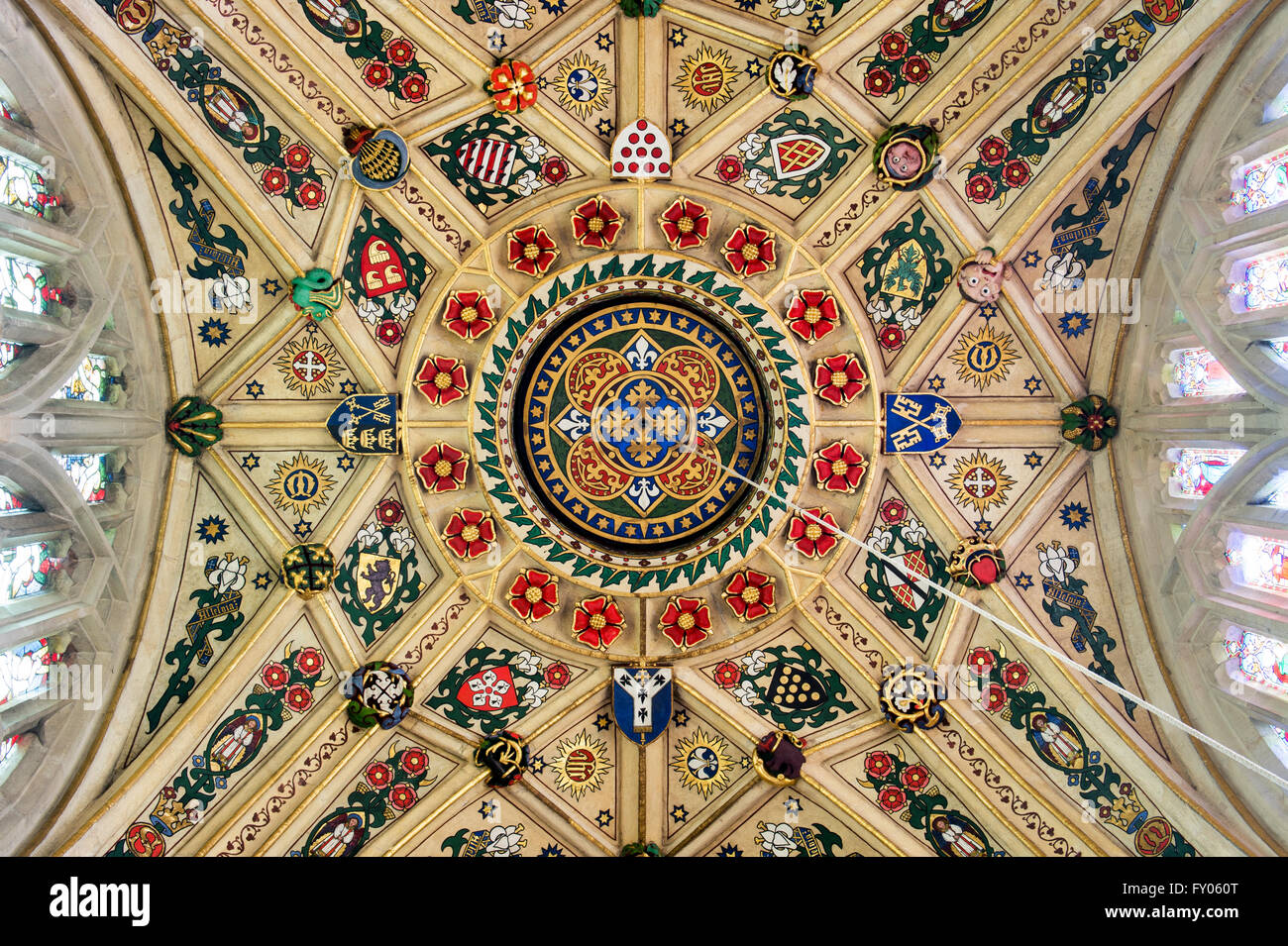 Decorative painted tower ceiling with heraldic shields in St Marys ...
