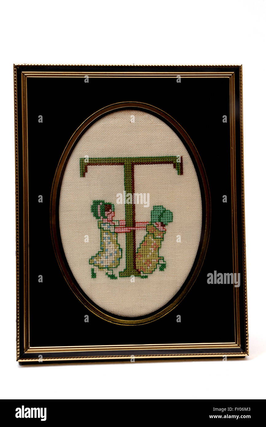 Embroidered Picture With Letter T And Frame Stock Photo - Alamy