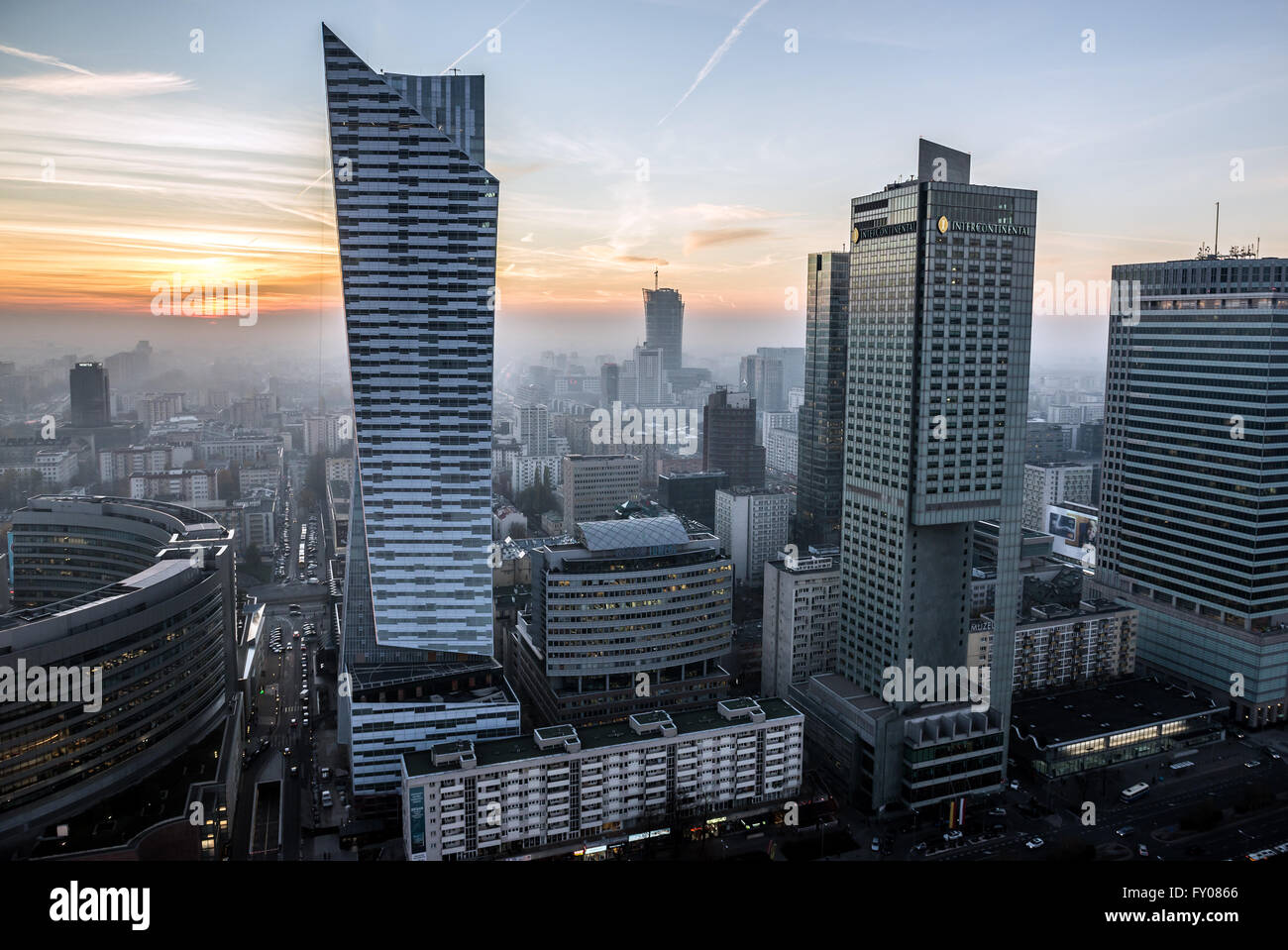 Warsaw, Poland. Aerial view with Zlota 44 skyscraper, Warsaw Towers ...