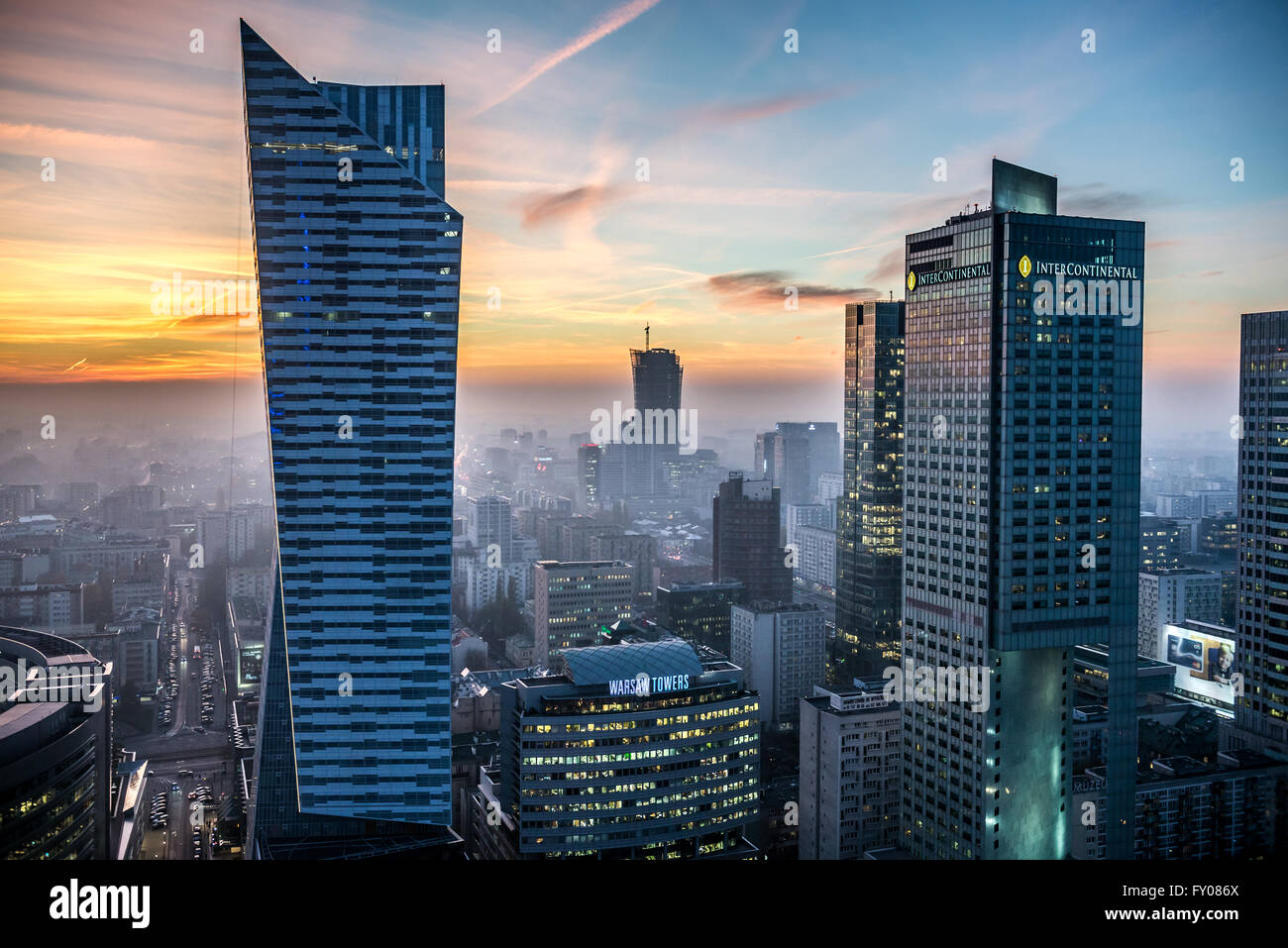 Sunset over Warsaw, Poland. Aerial view with Zlota 44 skyscraper ...