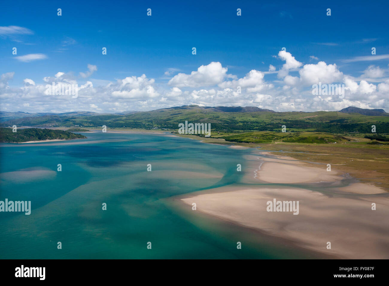 Dwyryd and Glaslyn estuaries aerial view with sands of Morfa Harlech in ...