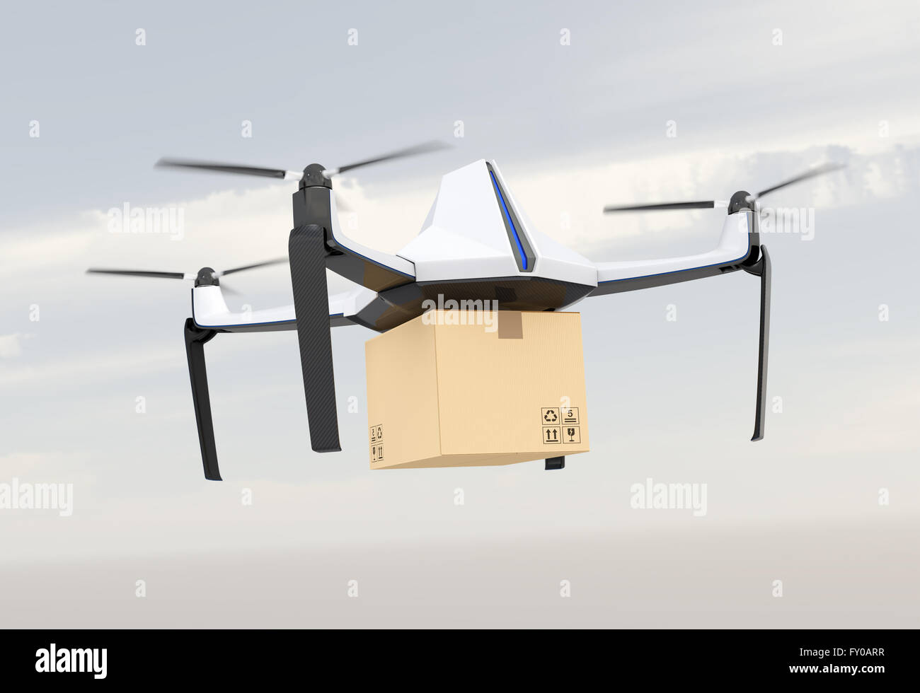 Autonomous unmanned drone delivering cardboard box in the sky. 3D ...