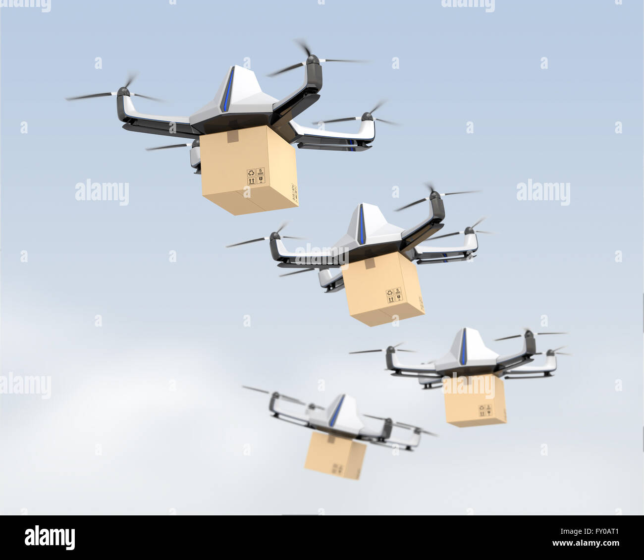 Autonomous unmanned drones delivering cardboard box in the sky. 3D ...
