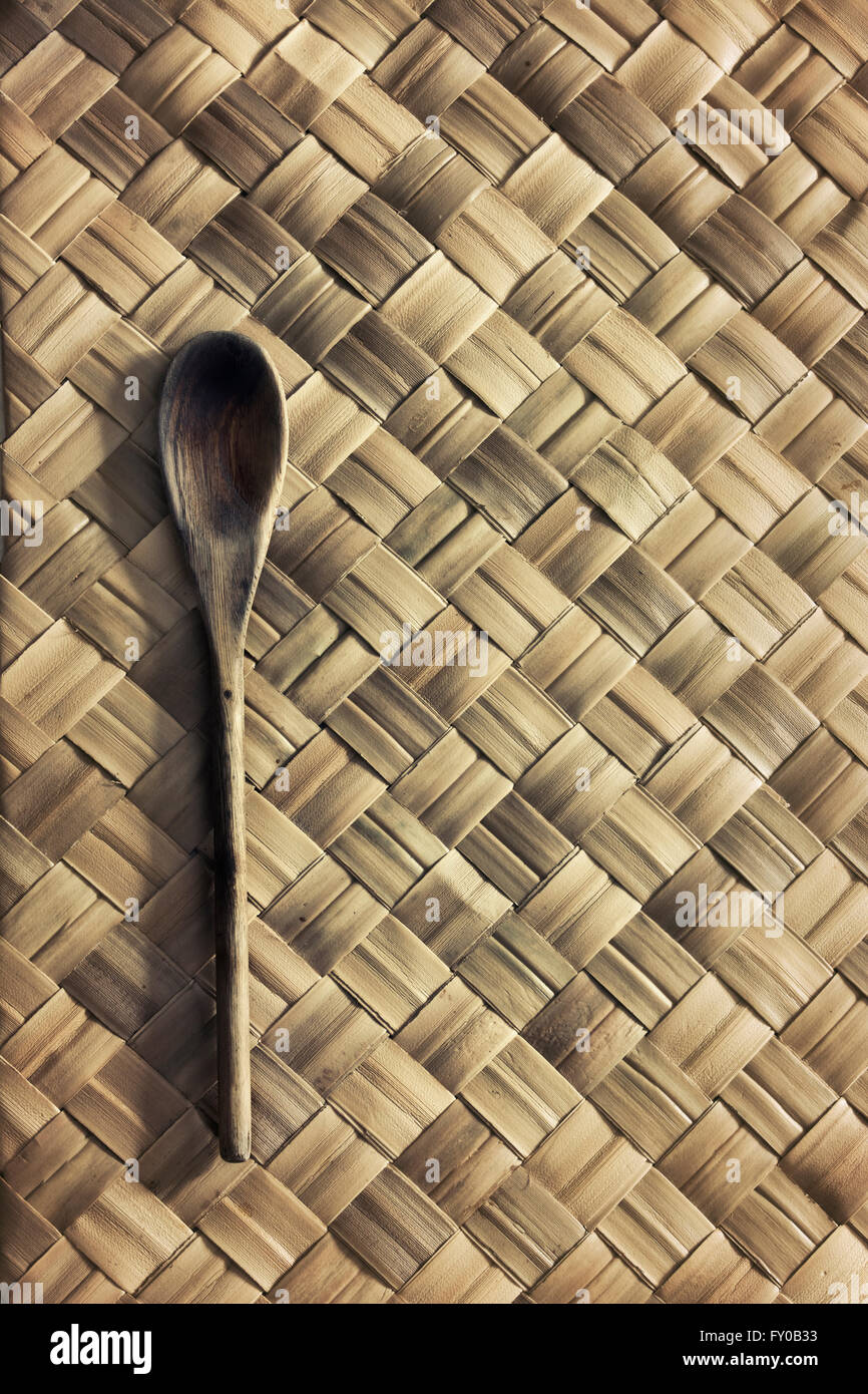 Wooden kitchenware on blue background, texture for menus and cooking ...