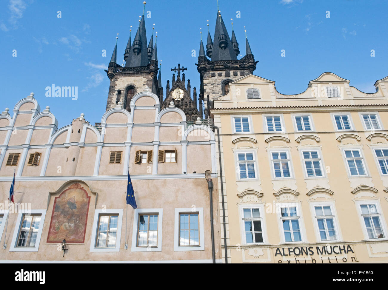 Tyn school and Alfons Mucha Exhibition gallery in Staromestska Square ...