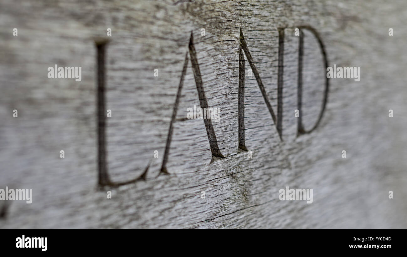 The word Land delicately carved into a piece of old antique wood by the ...