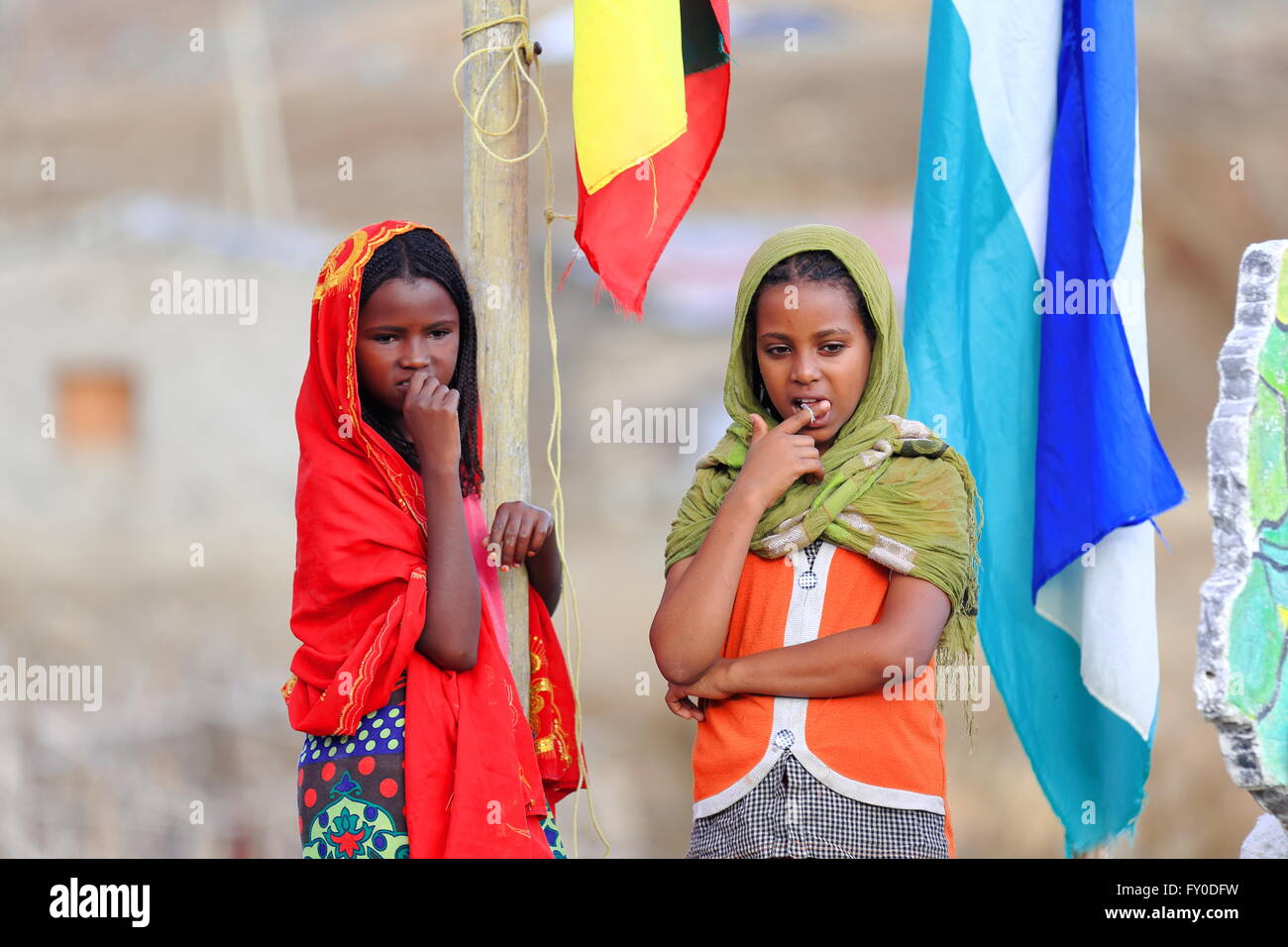 BERAHILE, ETHIOPIA-MARCH 29: Schoolgirls raise the national and ...
