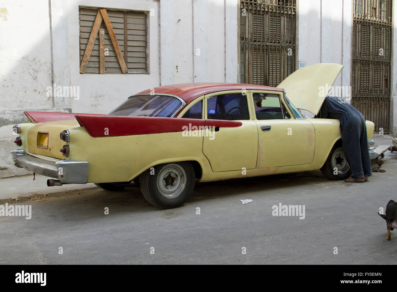Mustard Cuban Car with hood up, Havana Stock Photo - Alamy