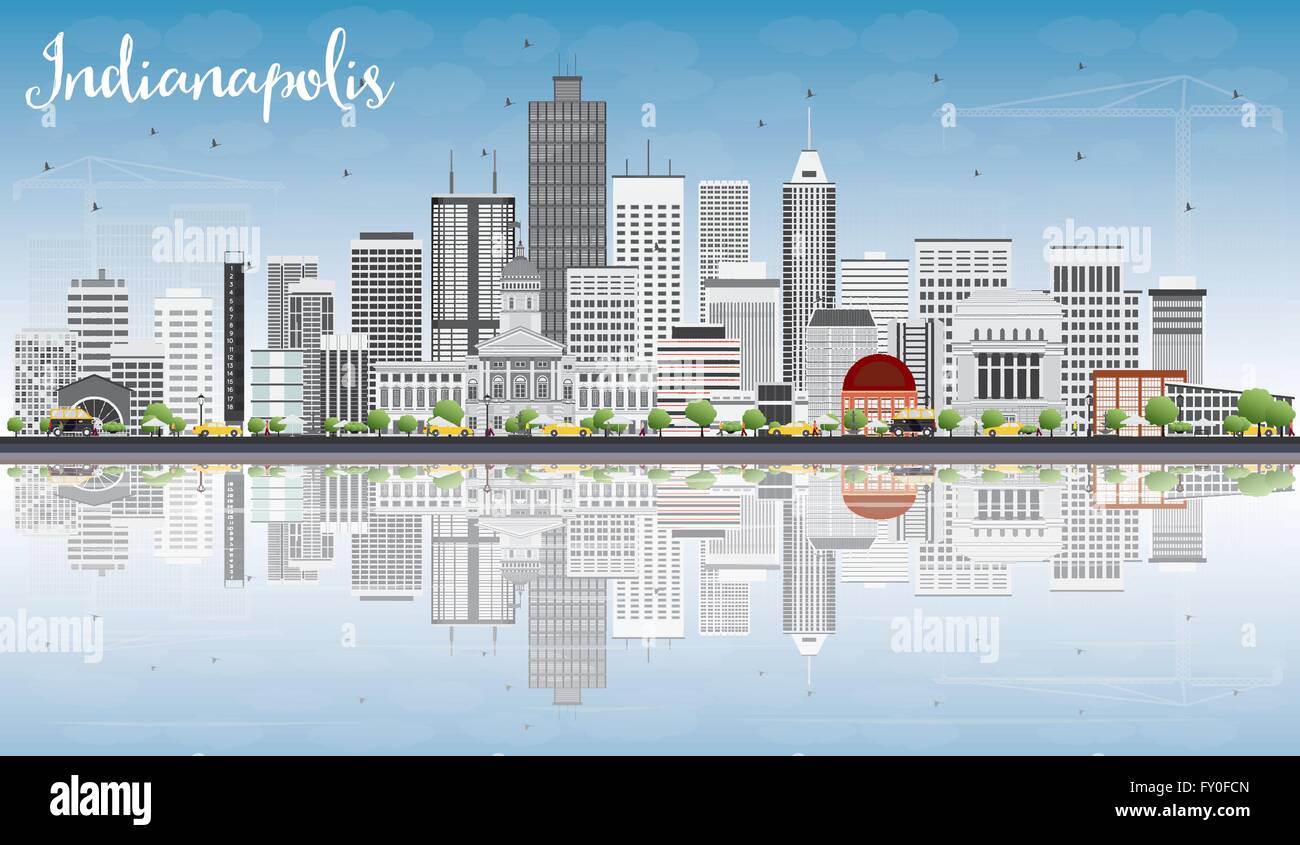 Indianapolis Skyline with Gray Buildings, Blue Sky and Reflections ...