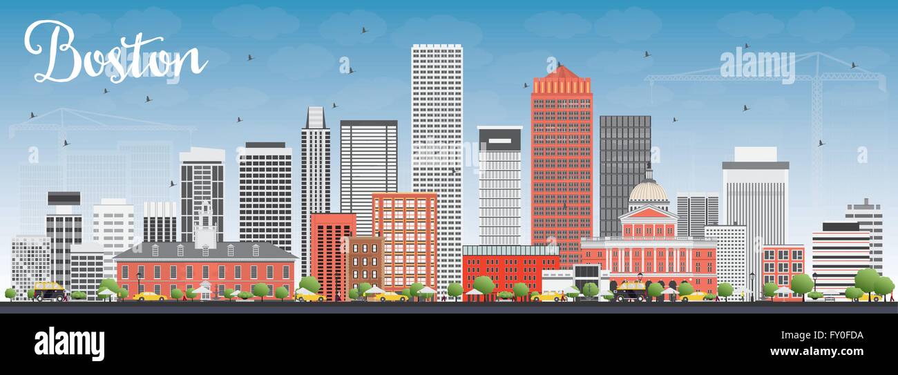 Boston Skyline with Gray and Red Buildings and Blue Sky. Vector ...