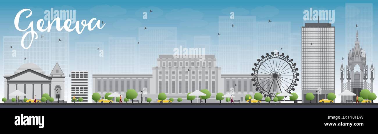 Geneva skyline with gray landmarks and blue sky. Vector illustration ...
