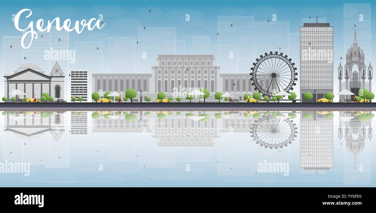 Geneva skyline with gray landmarks and blue sky. Vector illustration ...