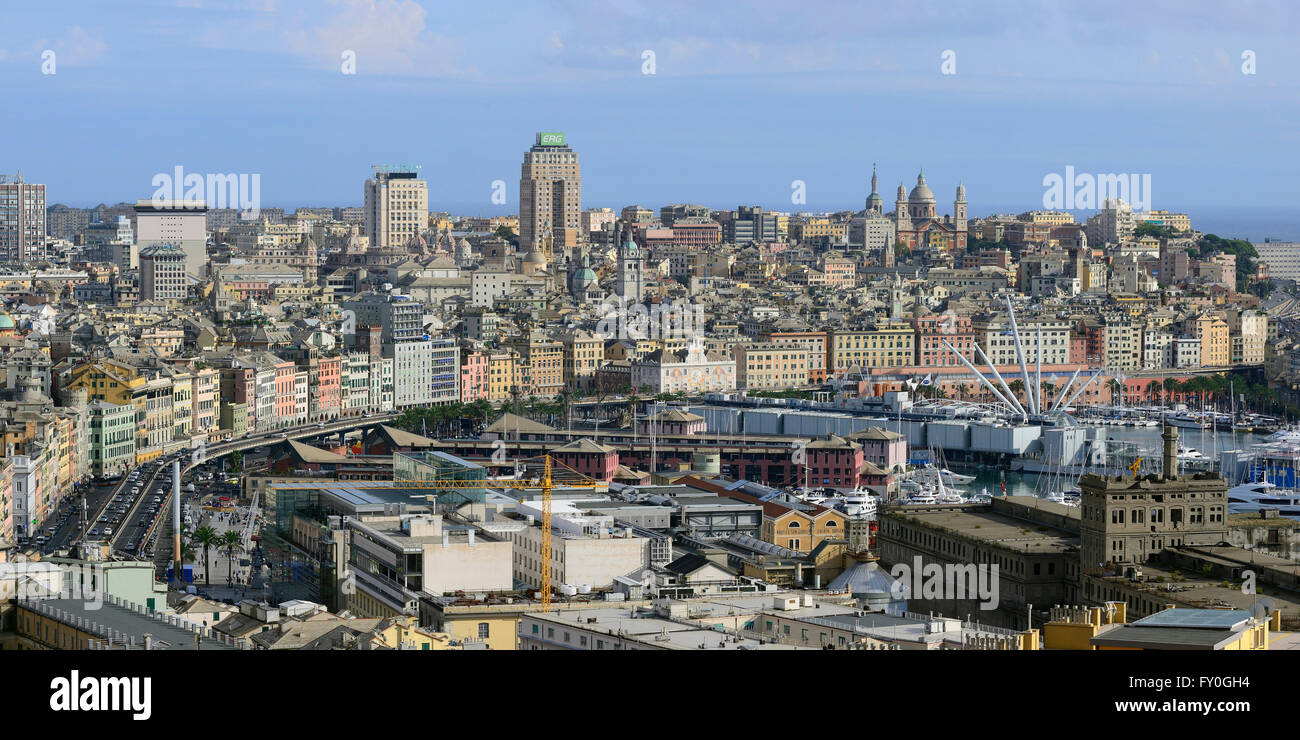 panoramic view on old town and sopraelevata street, Genoa, Ligury ...