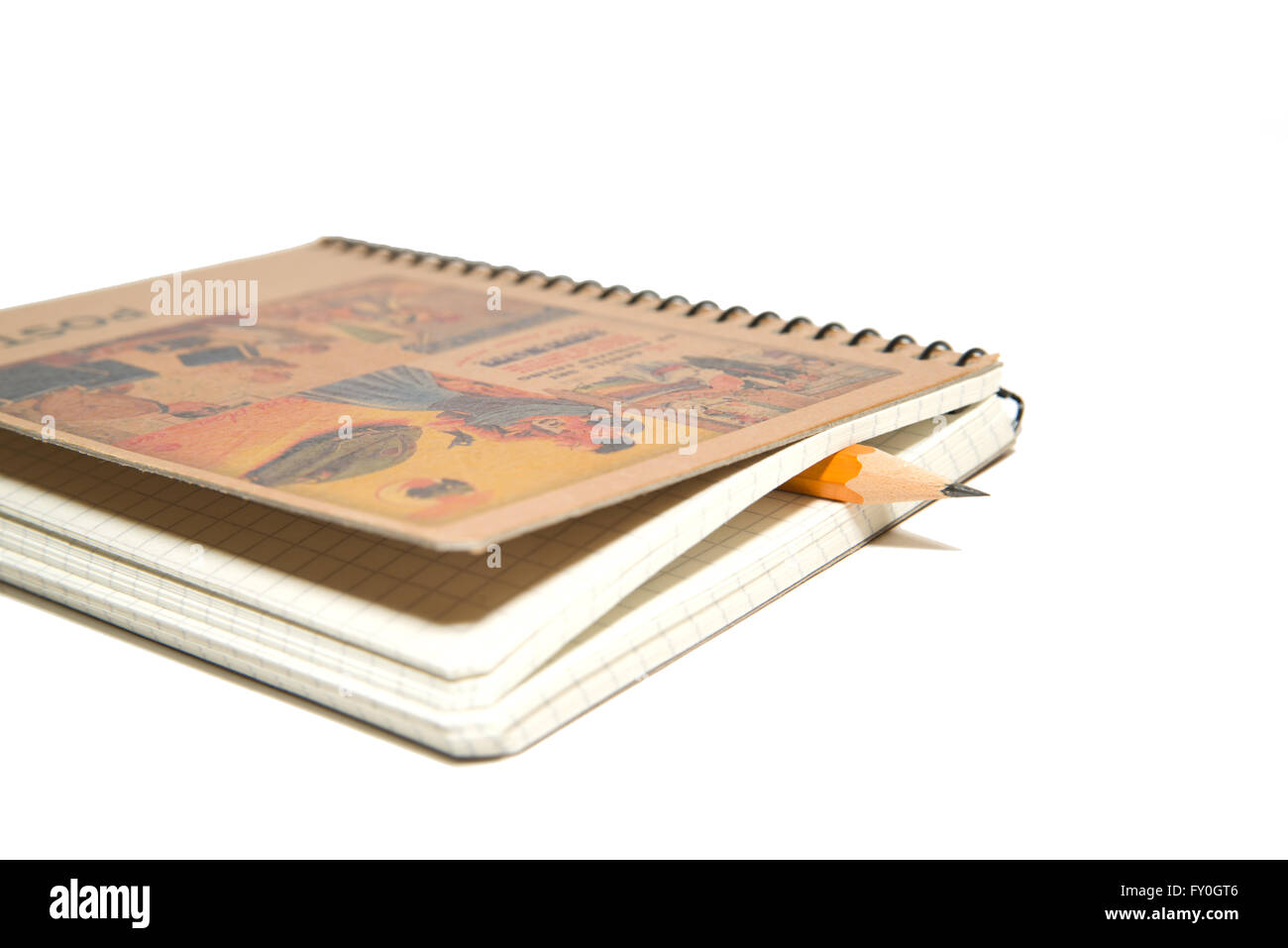 Closed notebook with a blank sheet and pencil on over white Stock Photo ...