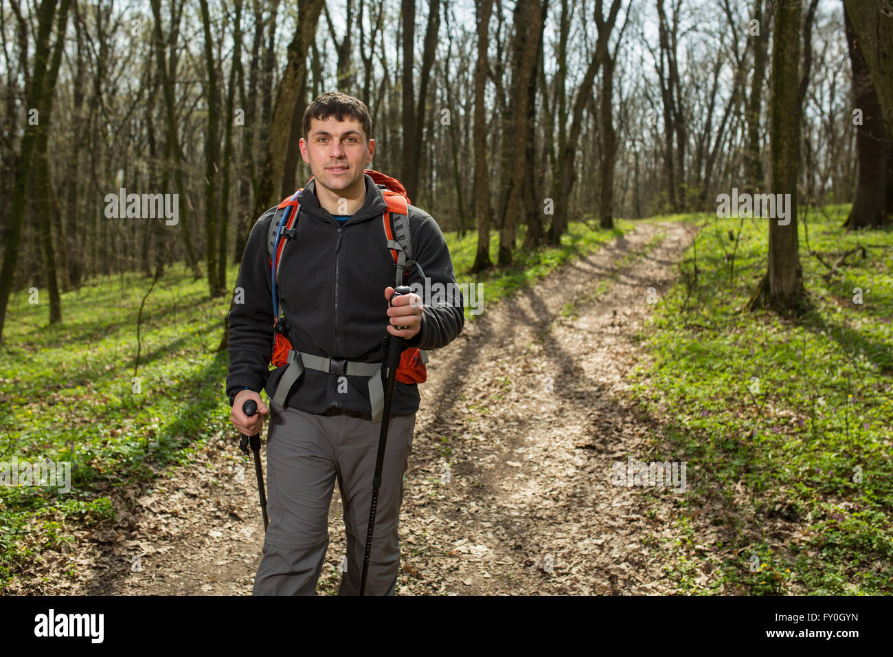 Male hiker looking to the side walking in forest Stock Photo - Alamy