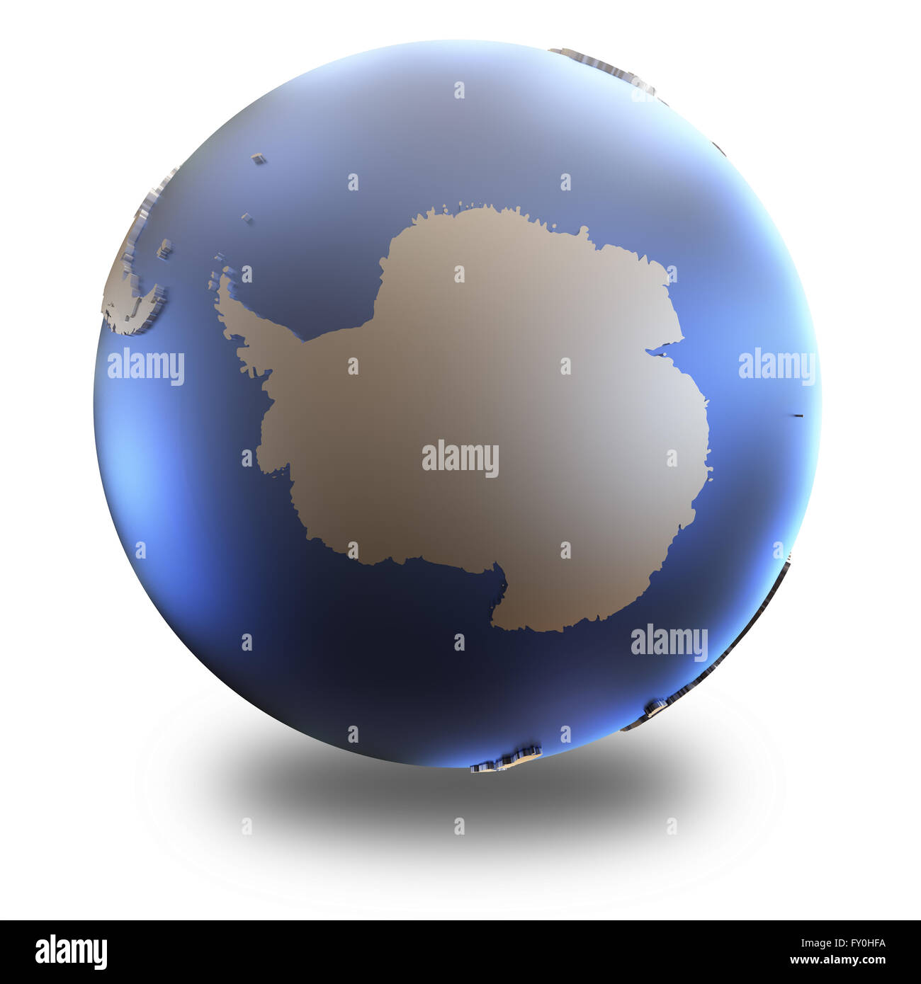 Antarctica on metallic model of planet Earth with embossed continents ...