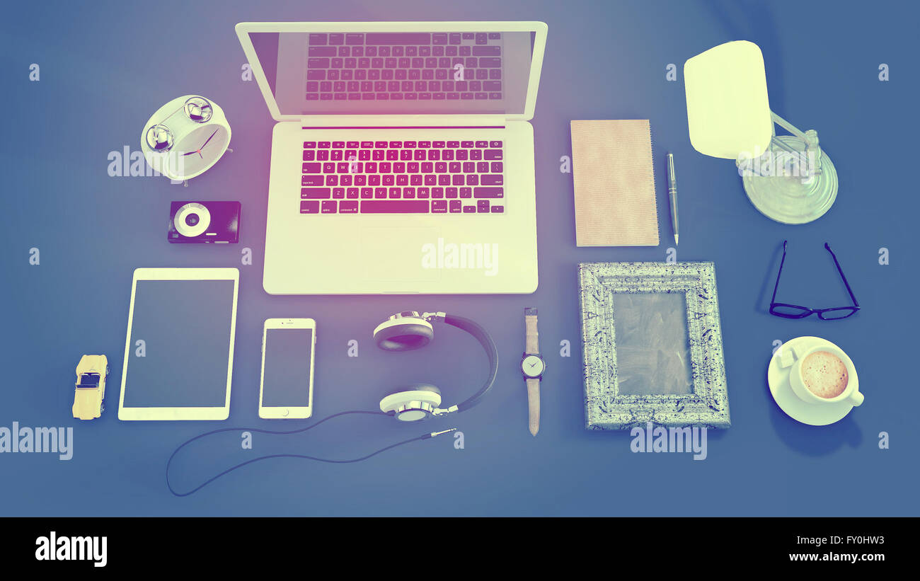 Top view office desk hero header for responsive webdesign. Letterhead ...