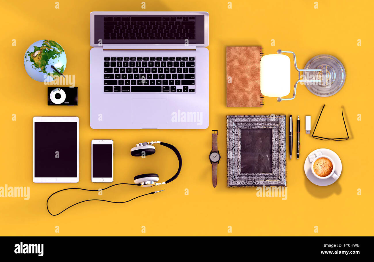 Top view office desk hero header for responsive webdesign. Letterhead ...