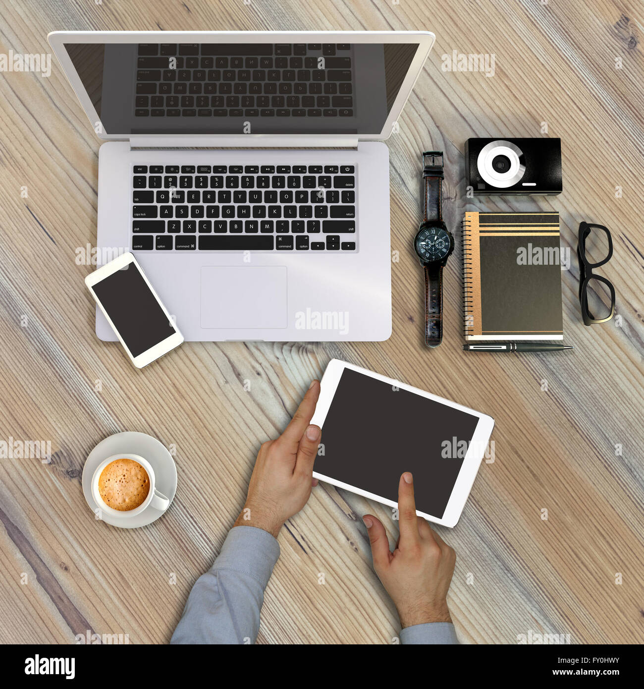 Vintage hipster wooden desktop top view and male hands Stock Photo - Alamy