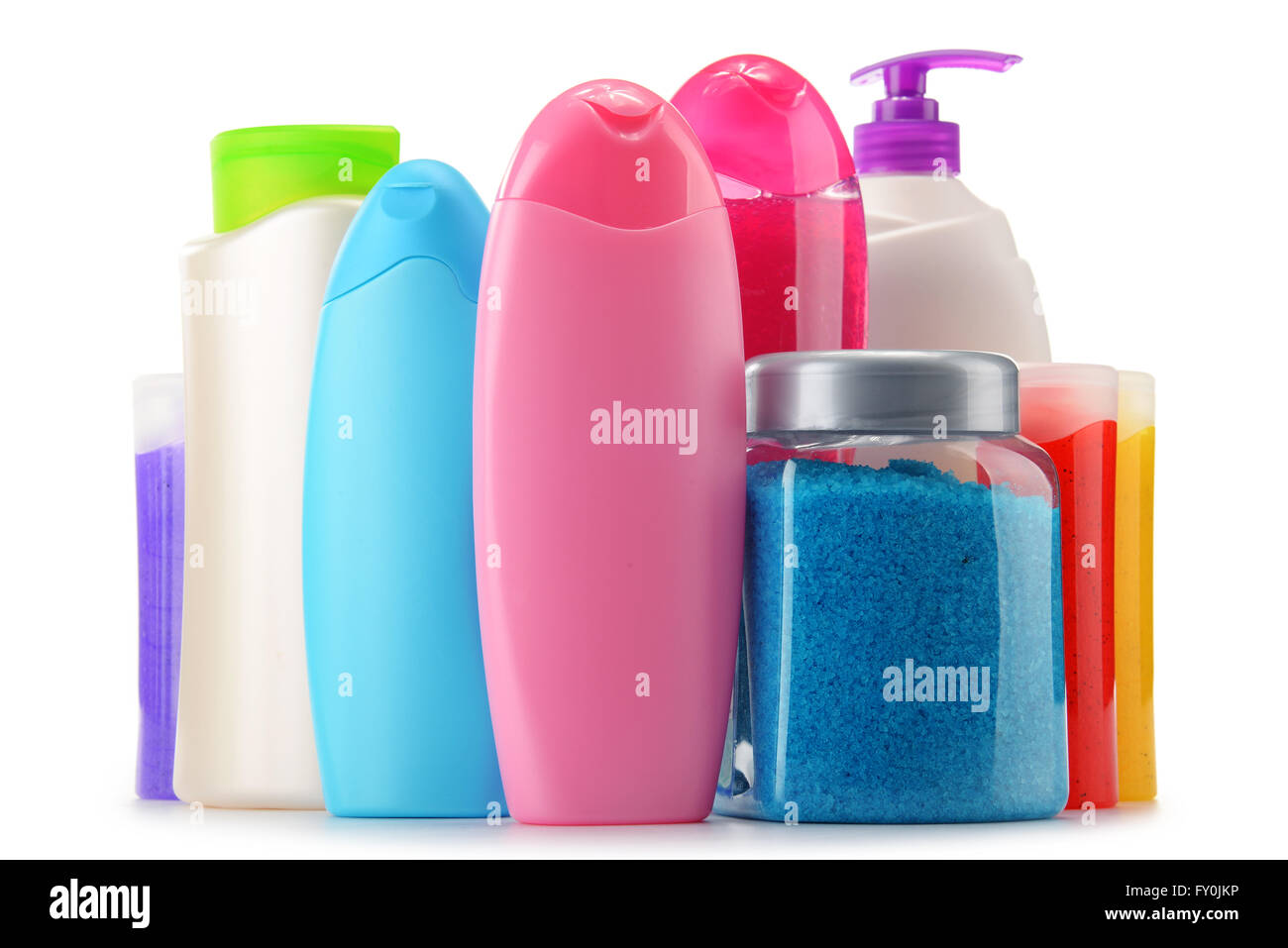 Plastic bottles of body care and beauty products isolated on white ...