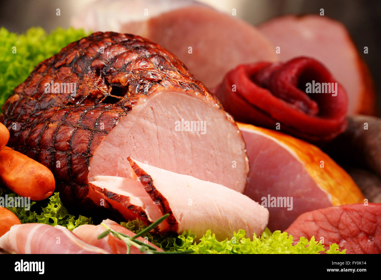 Assorted meat products including ham and sausages Stock Photo - Alamy