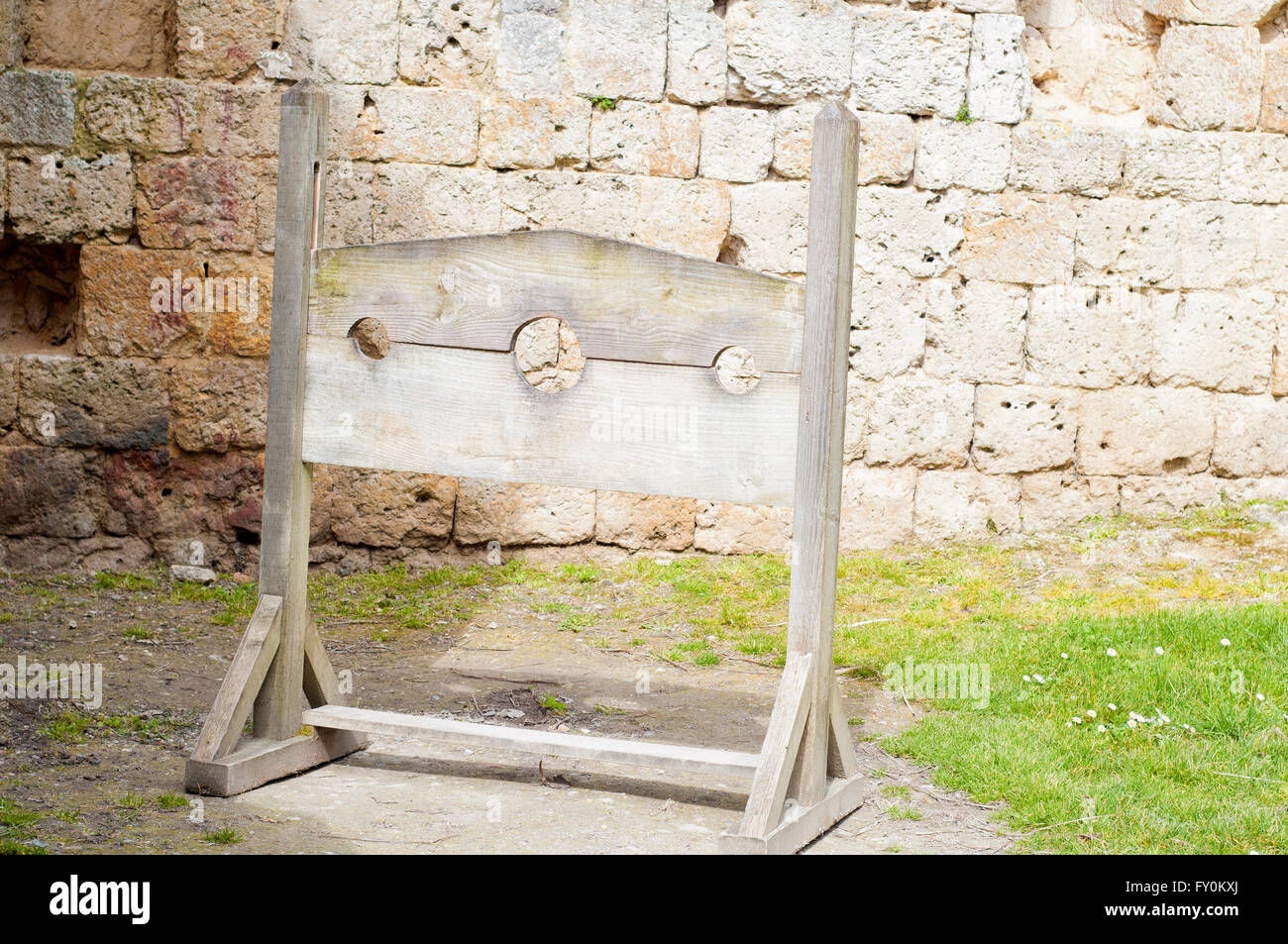 Torture rack inside the medieval fortified city of Larressingle. Gers ...