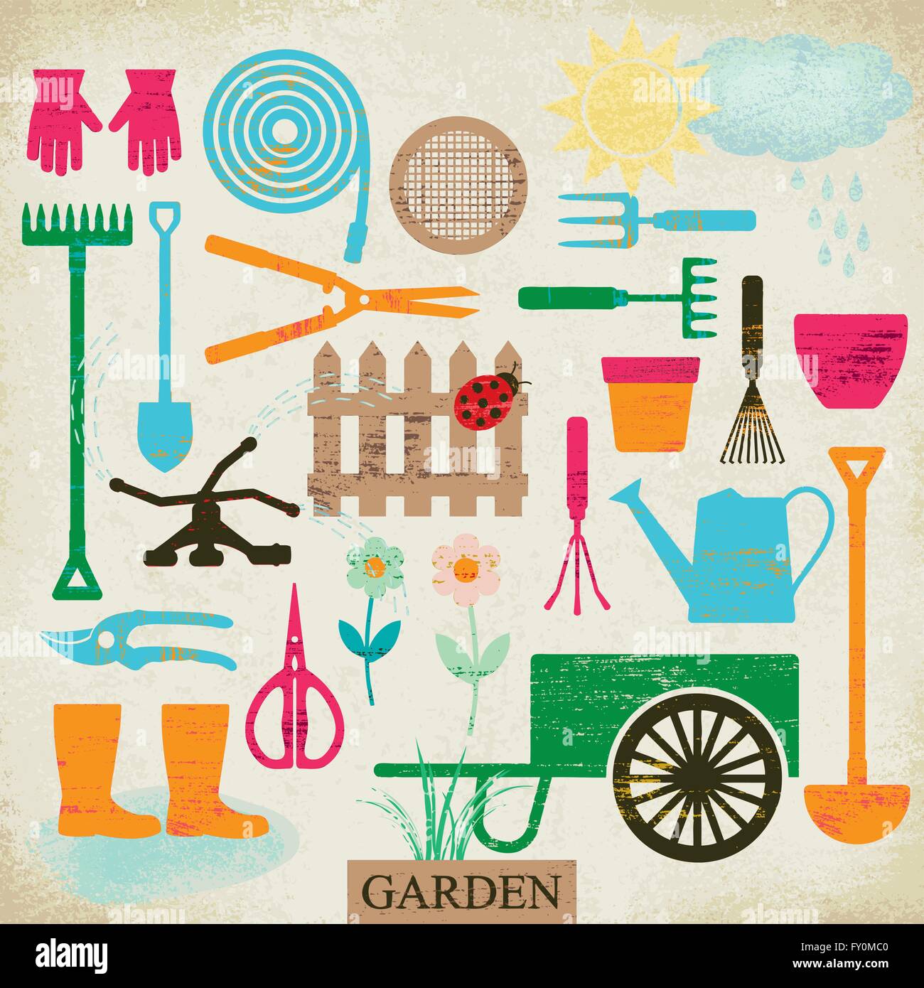 Vintage gardening themed illustration on old paper background Stock ...