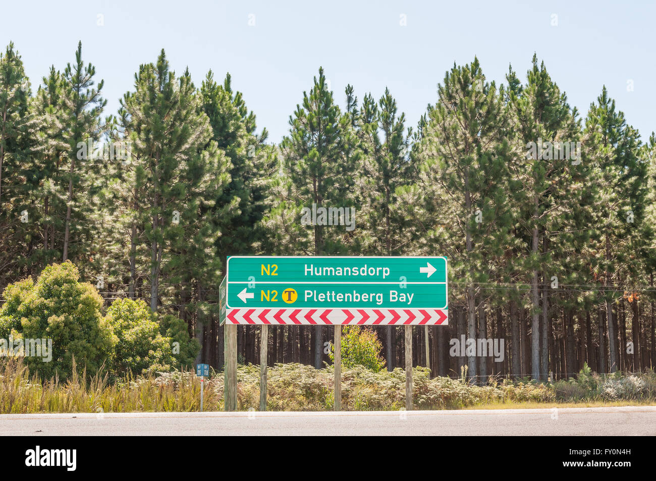 Road sign for roads N2 and R102 between Storms River and Woodlands in ...