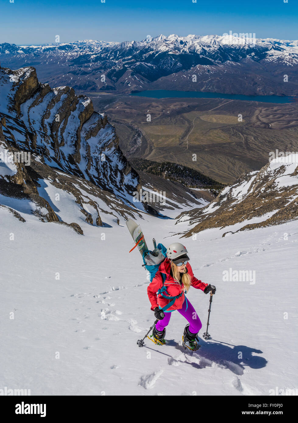 Ski mountaineer ascending to the summit of the "Super Gully" on Lost ...