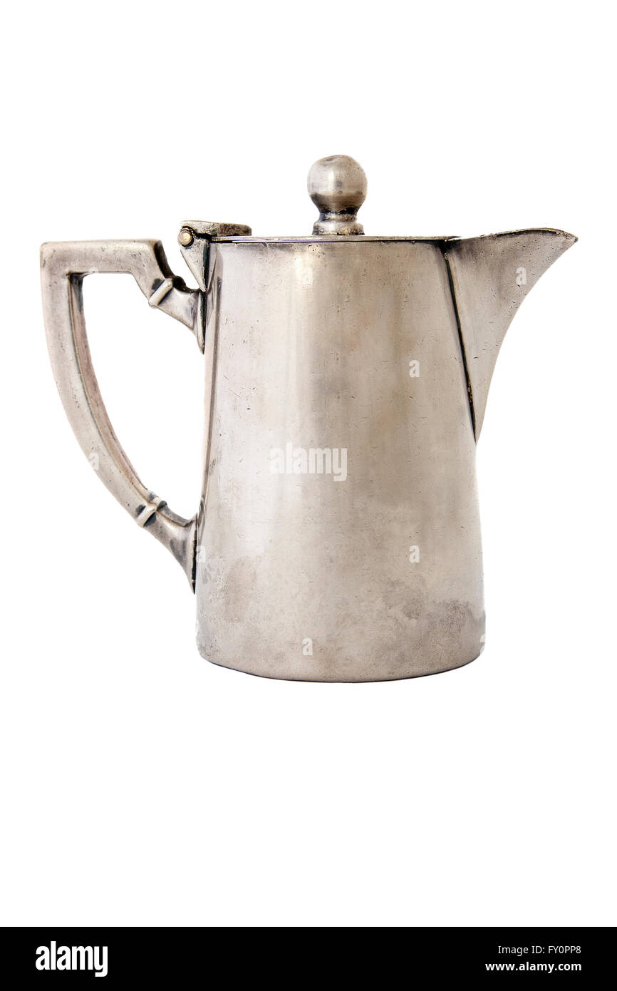 old silver pot isolated on white background, closeup, clipping path ...