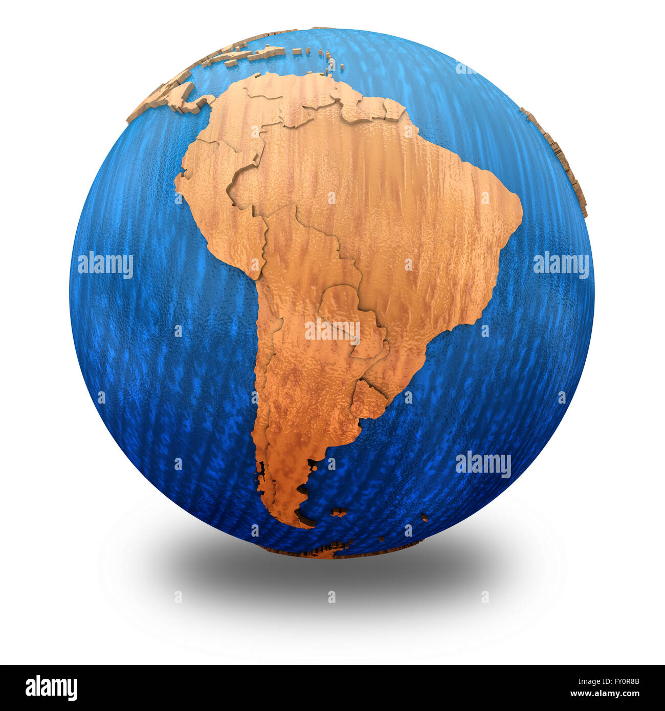 South America on wooden model of planet Earth with embossed continents ...