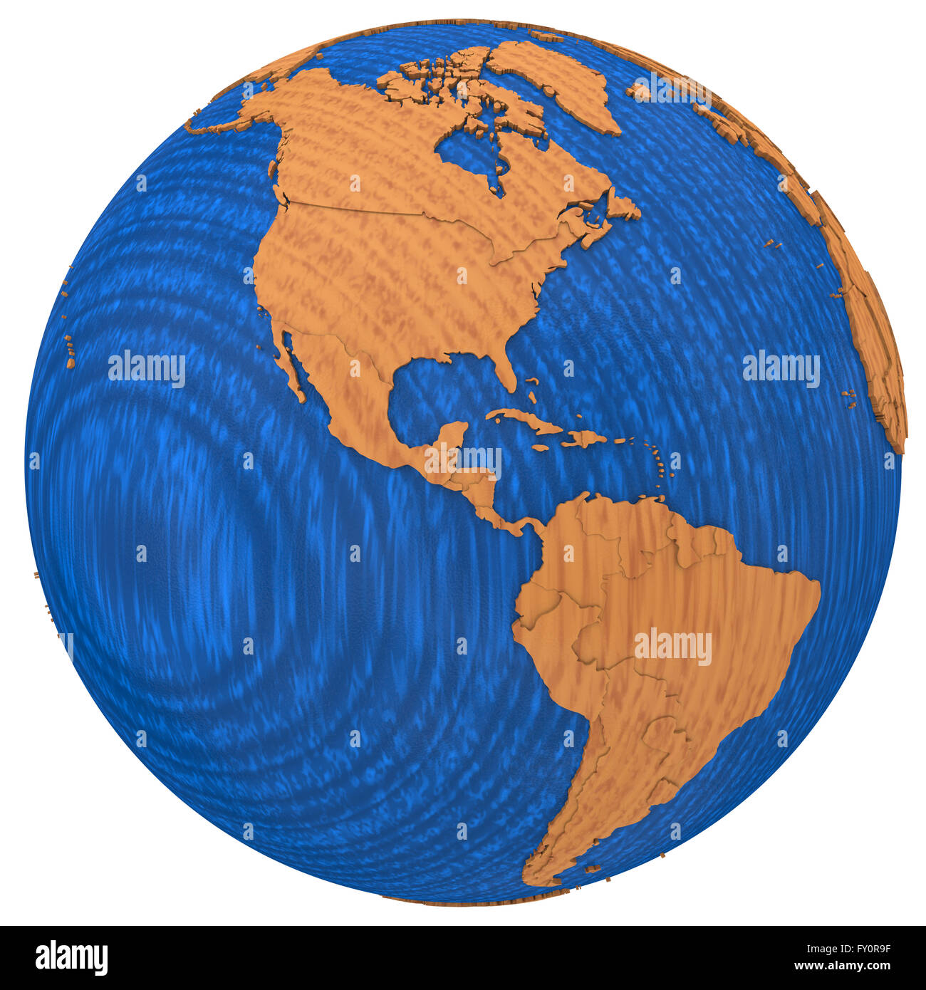 American continents on wooden model of planet Earth with embossed ...