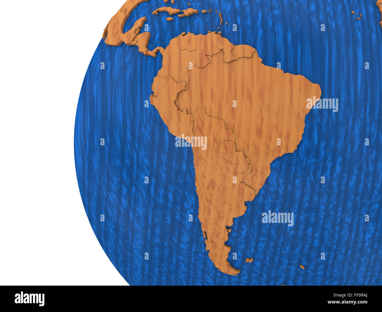 South America on wooden model of planet Earth with embossed continents ...