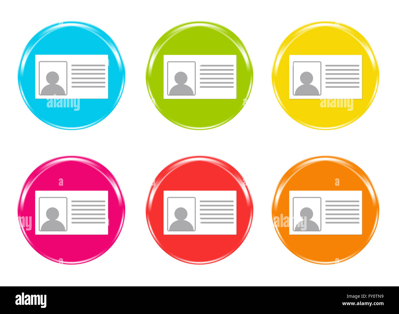 Identification card icons in blue, green, yellow, pink, red and orange ...