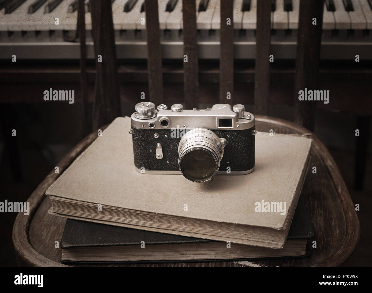 Artwork in retro style, photo-camera, books Stock Photo - Alamy
