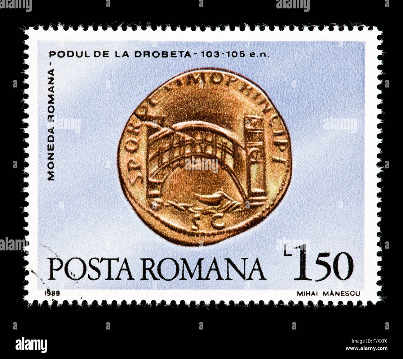 Postage stamp from Romania depicting Trajan's Bridge shown on a Roman ...