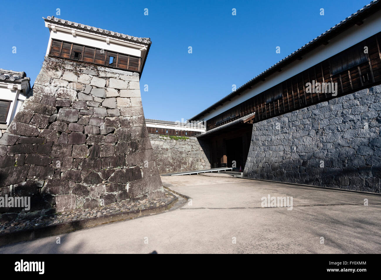 Japan, Kumamoto castle. Approach to the Minami Ote mon gate. Dobei wall ...
