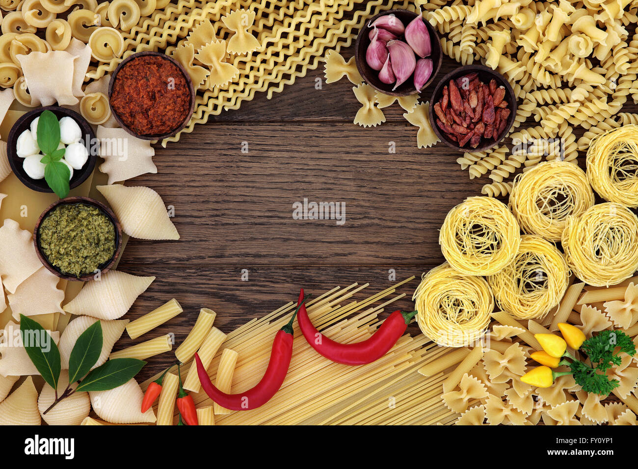 Spaghetti pasta selection and italian food ingredients forming an ...