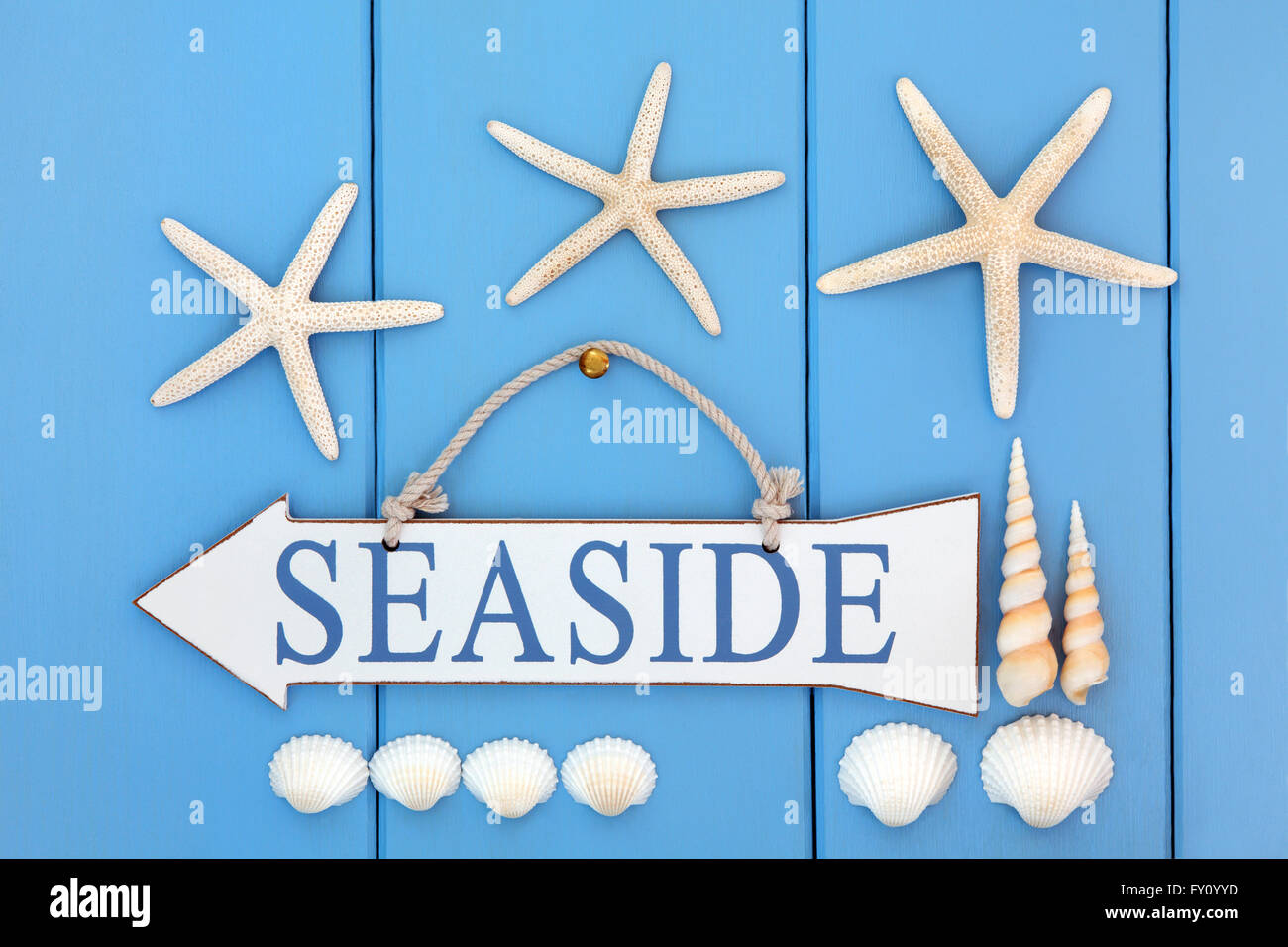 Seaside sign, starfish, cockle and turritella shells over wooden blue ...